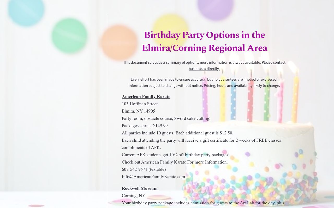 Kid's Birthday Party, Elmira/Corning